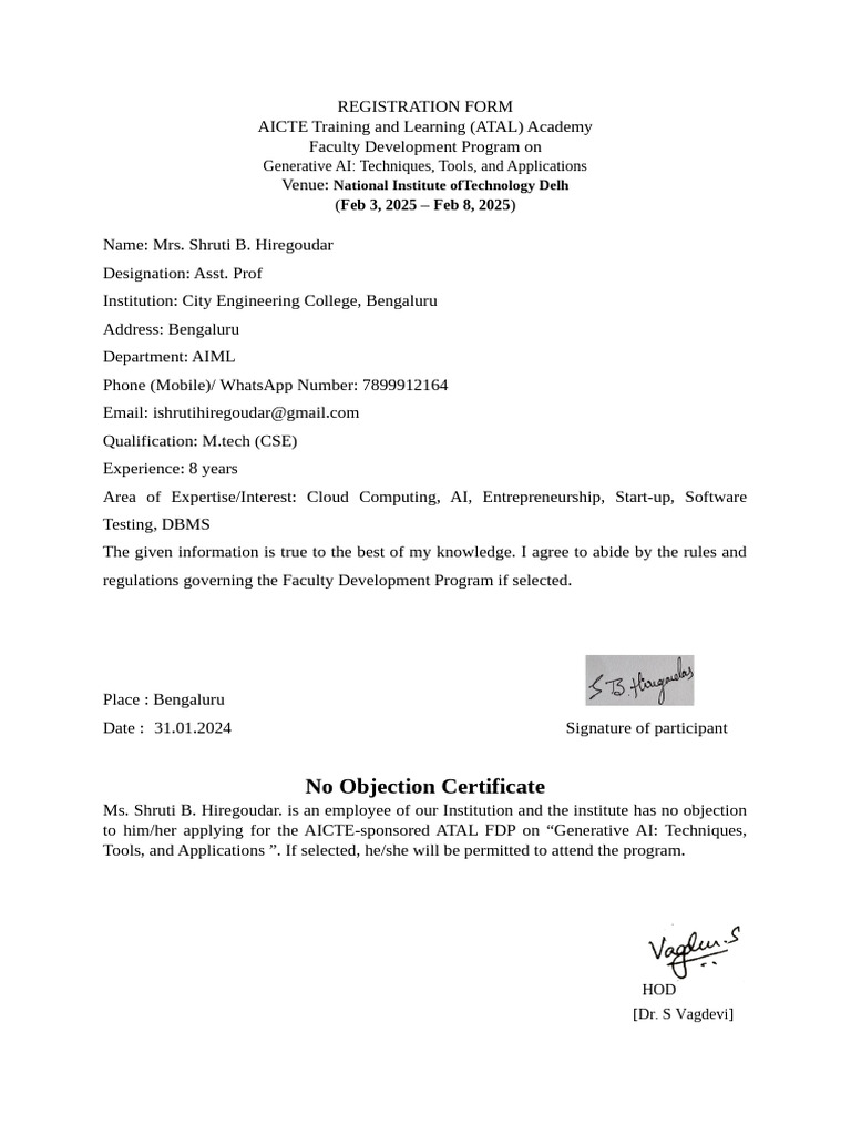 Noc Format For Atal FDP | PDF