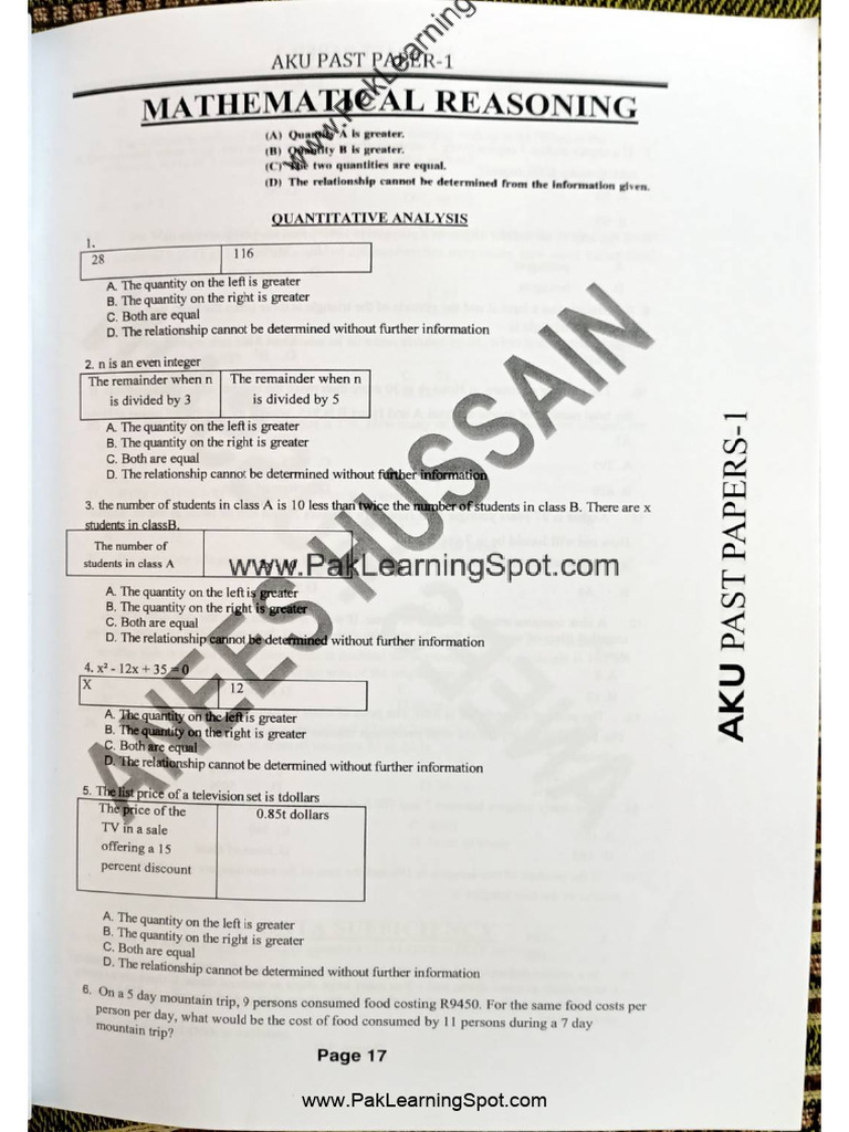 AKU Math Section (6 Papers Anees Hussain) | PDF