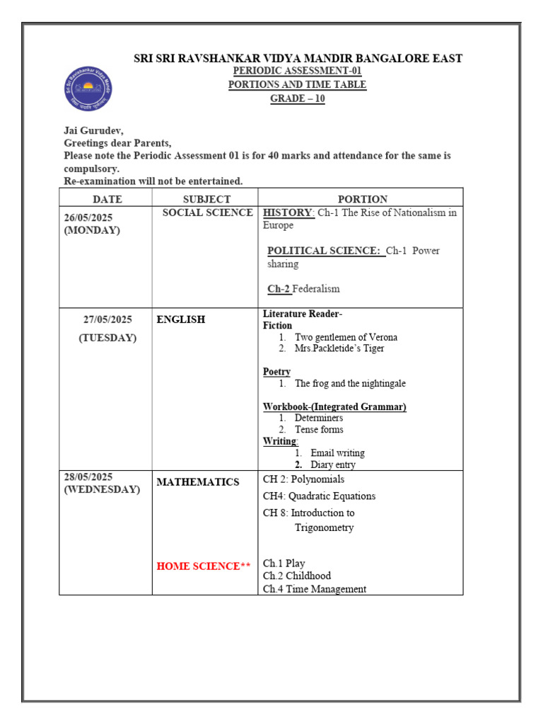 Grade 10 Periodic Assessment 01 Schedule | PDF