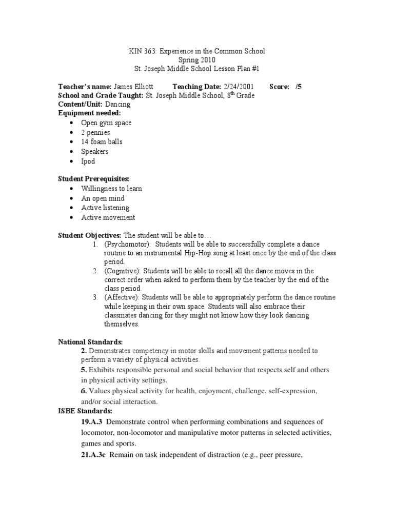 Kin 363 Dance Lesson Plan | PDF | Lesson Plan | Teachers