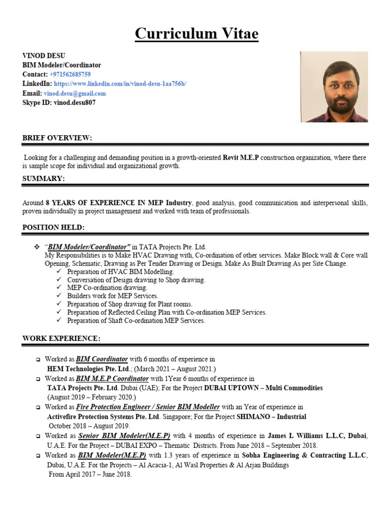 BIM Modeler CV: Vinod Desu | PDF | Autodesk Revit | Building ...