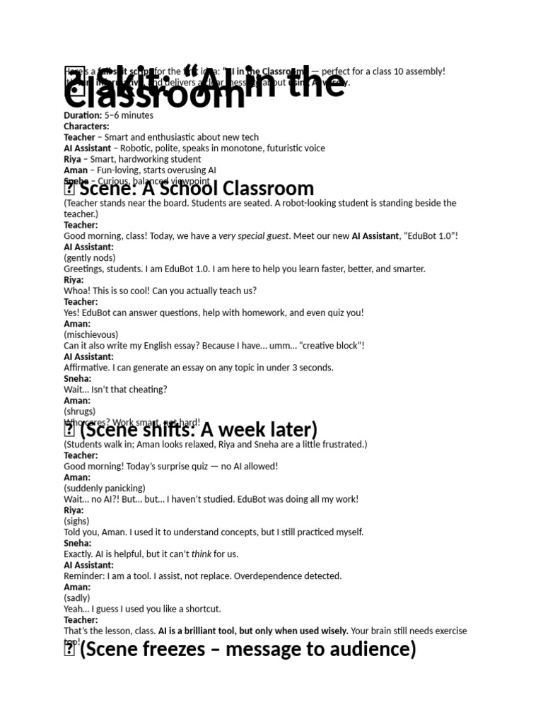 Here's A Full Skit Script For The First Idea "AI in The Classroo... | PDF