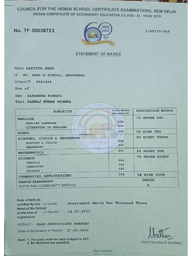 10th Marksheet | PDF