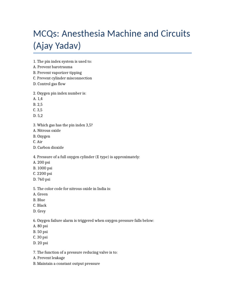 Anesthesia Machine MCQs Overview | PDF | Equipment | Gases