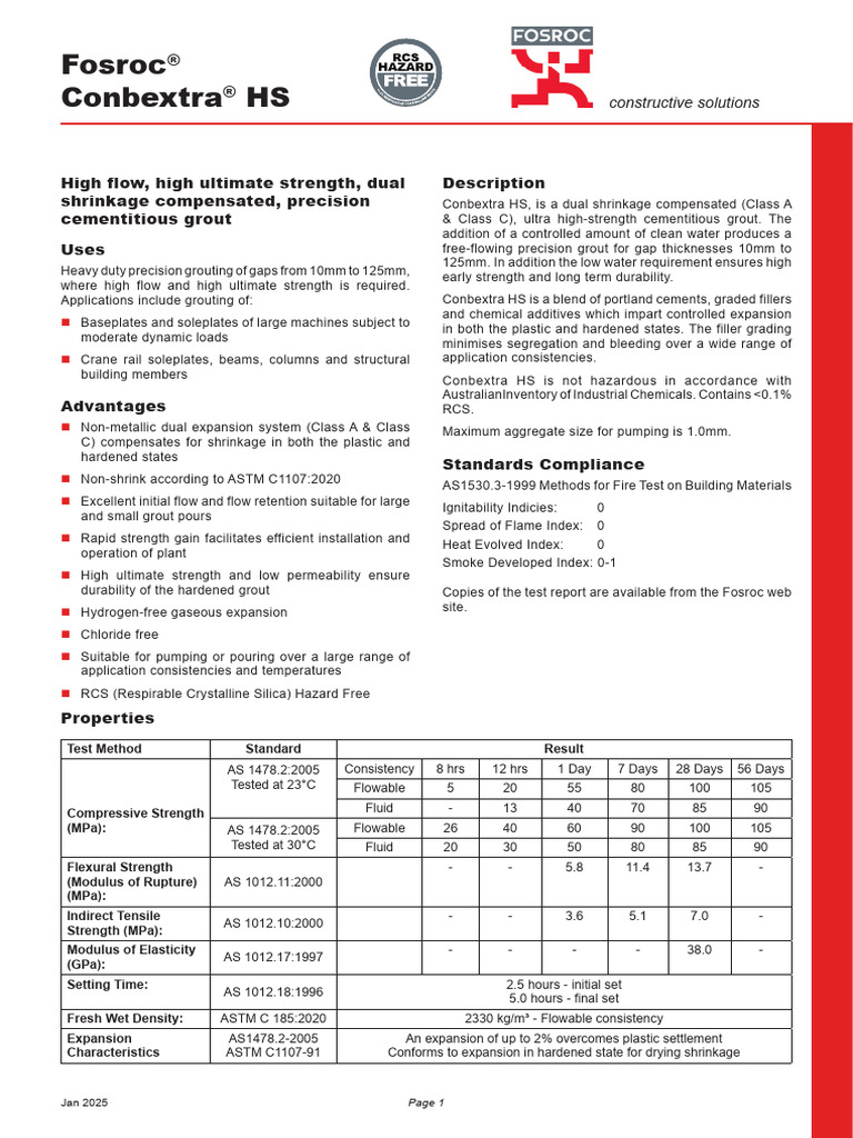 Fosroc Conbextra HS Grout Overview | PDF | Pump | Cement