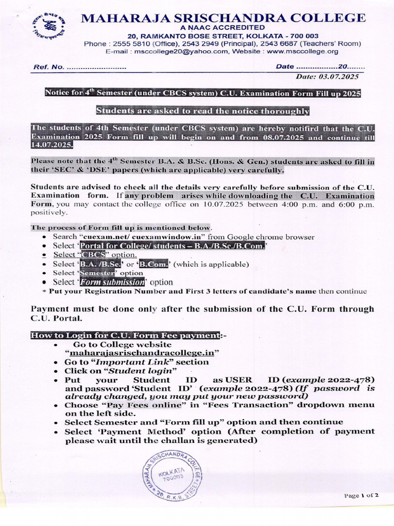 Notice For C.U. Exam. Form Fill Up of 4th Semester (Under CBCS) Examination 2025 | PDF