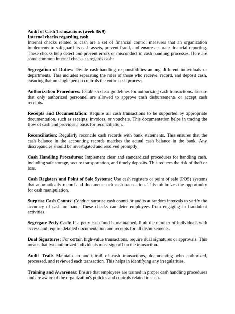 Internal Cash Control Audit Guide | PDF | Audit | Internal Control