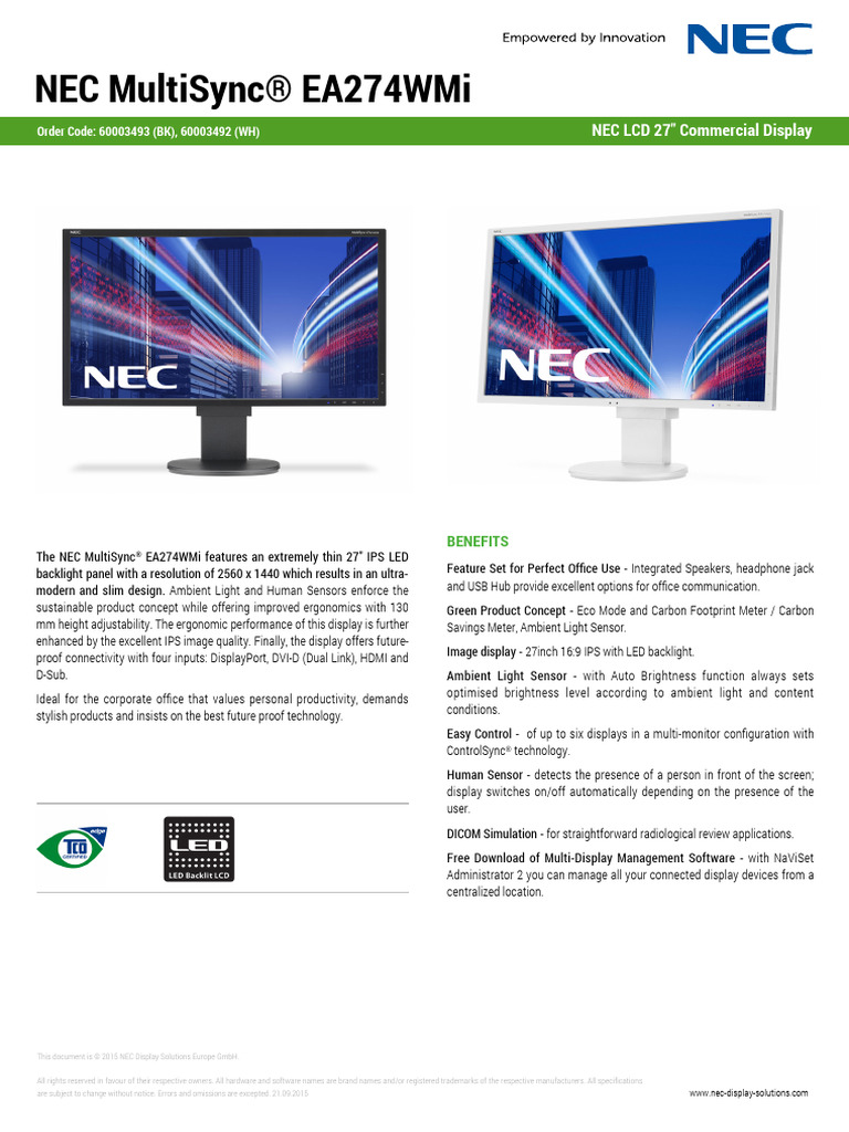 NEC MultiSync EA274WMi Overview | PDF | Computing | Consumer Electronics