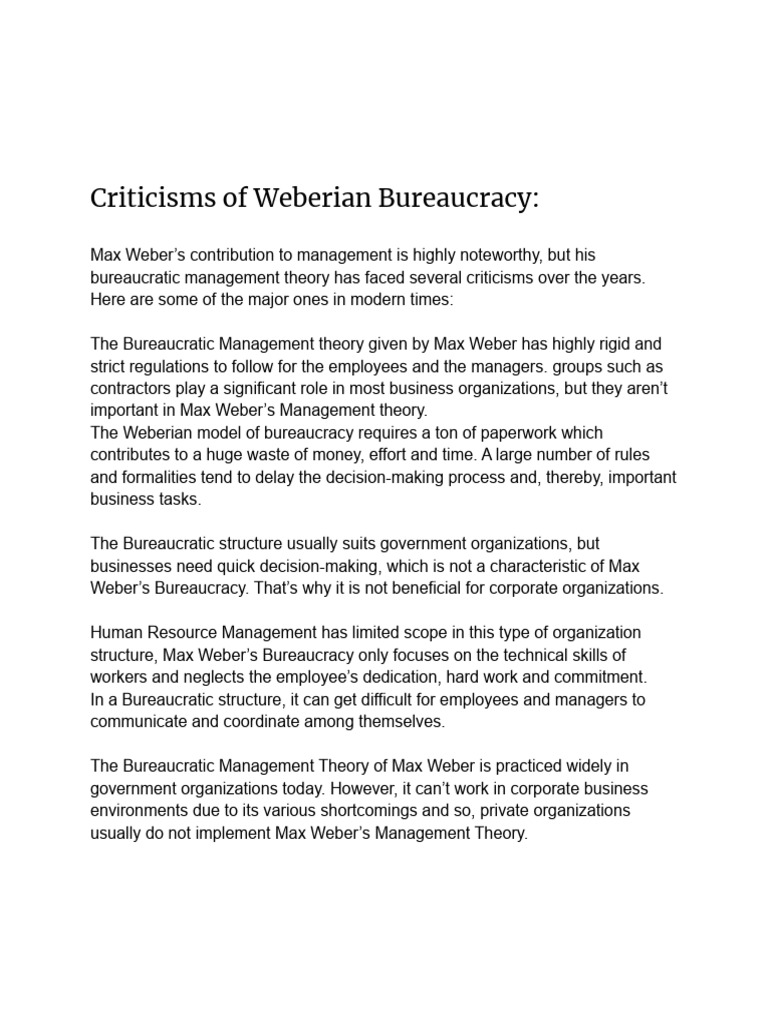 Weberian bureaucracy Criticism | PDF