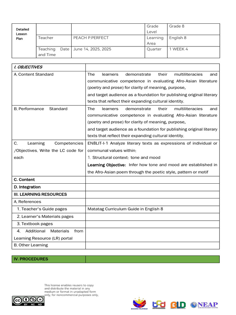 Lesson Plan Template Do No. 42 Peach Perfect | PDF | Poetry | Human ...