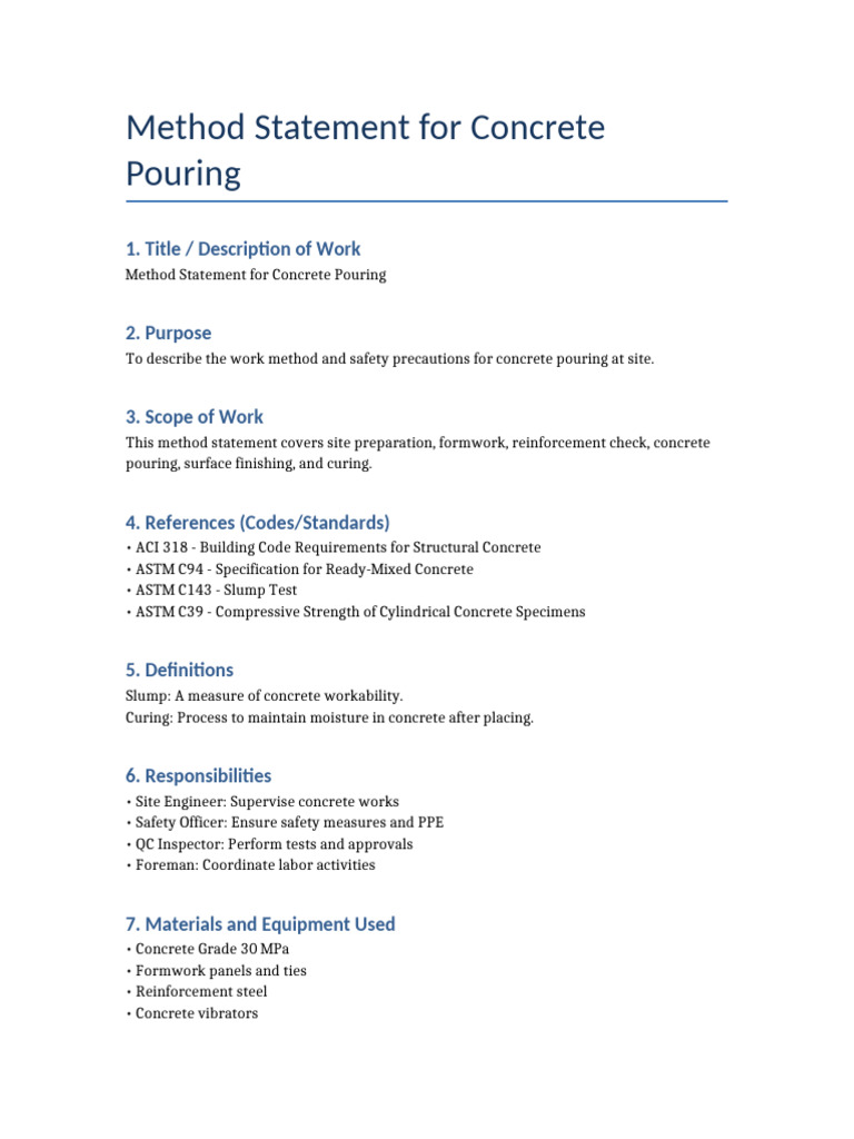 Concrete Pouring Method Statement | PDF