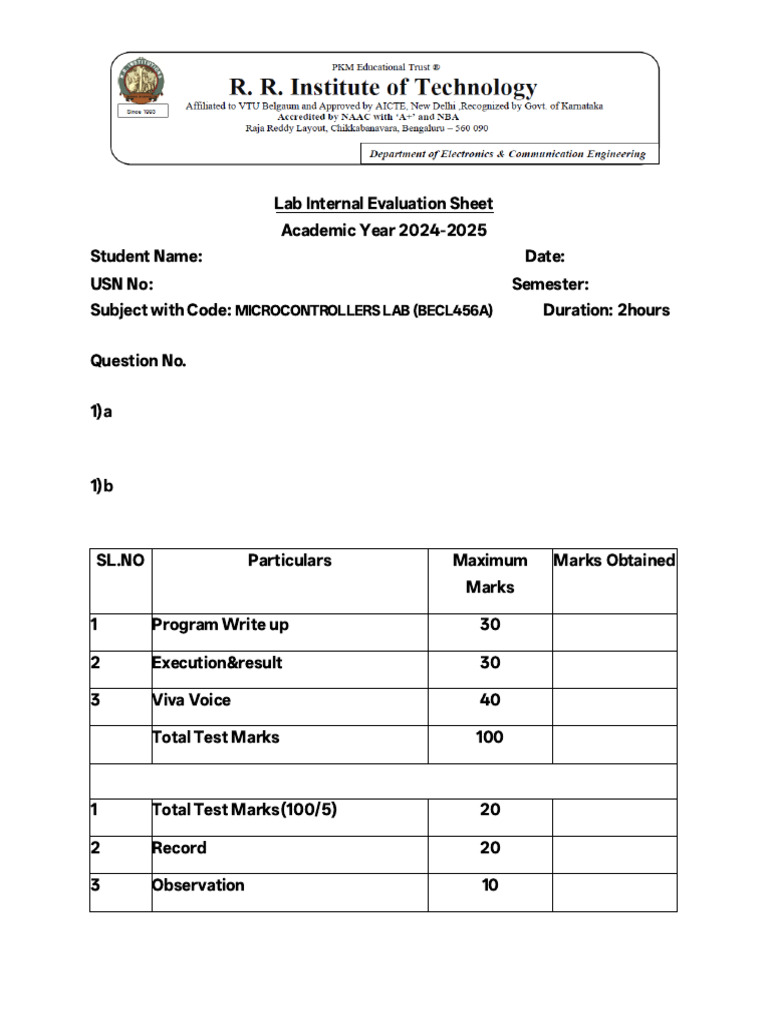 Lab Internal Evaluation Sheet - Microcontroller Lab | PDF
