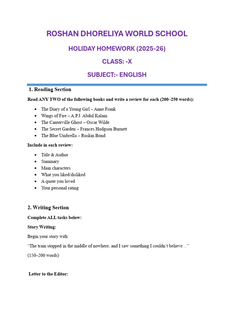 Class X English Holiday Homework 2025-26 | PDF
