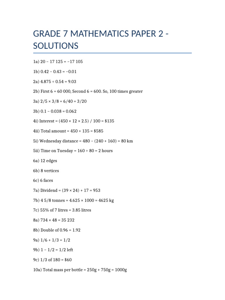 Grade 7 Maths Paper 2 Solutions | PDF