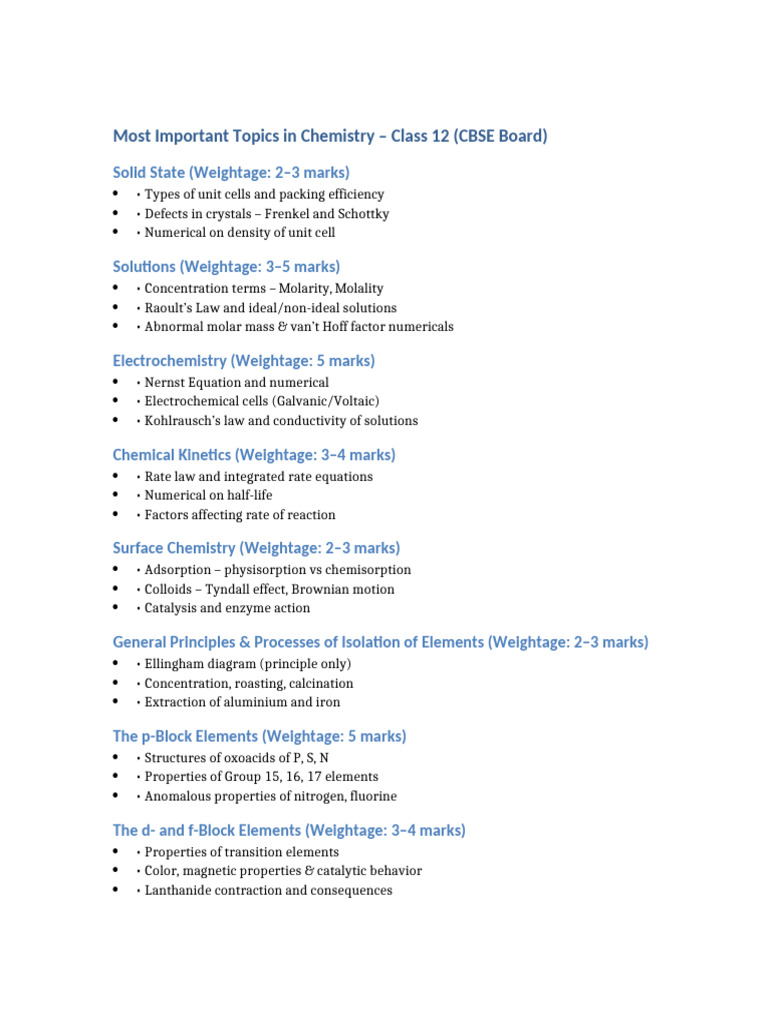 Key Topics for Class 12 Chemistry | PDF | Aldehyde | Chemical Reactions