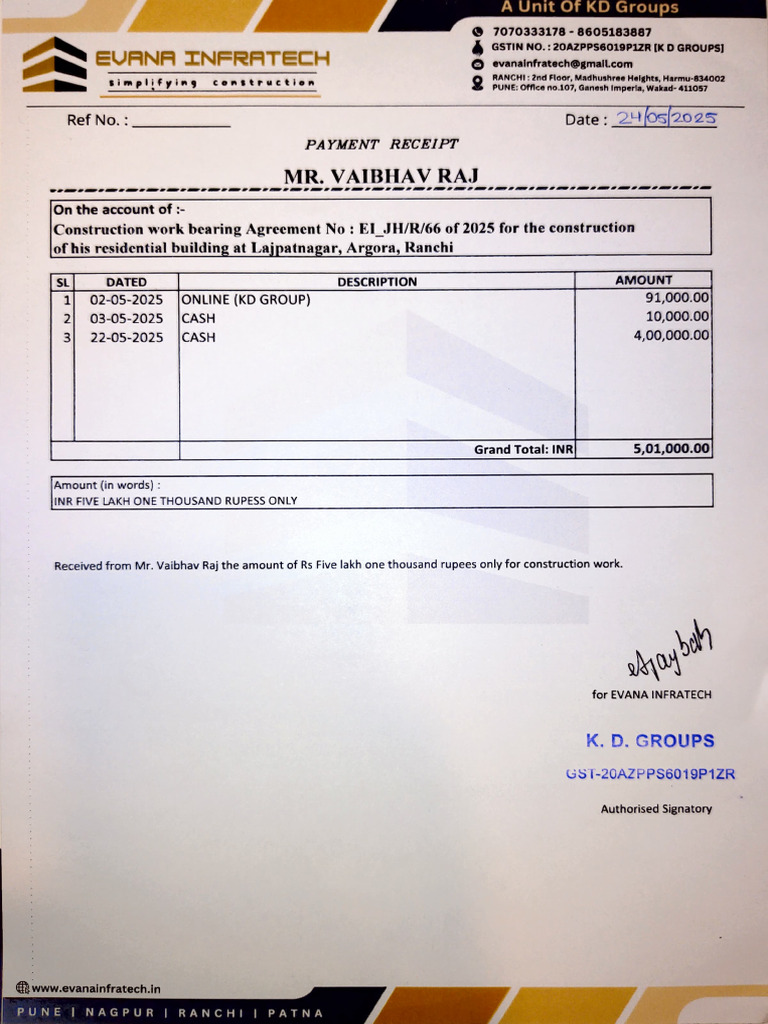 Payment Receipt for Construction Work | PDF