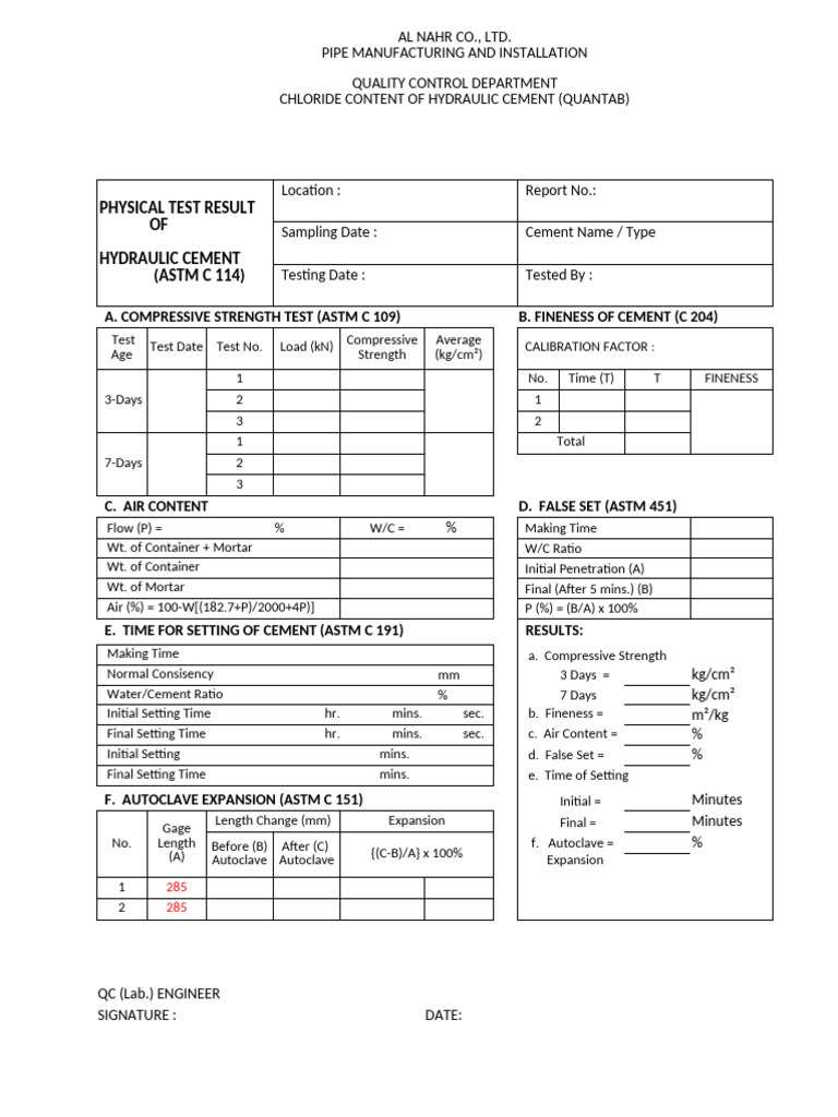 Physical Test Result of Hydraulic Cement - ASTM C 114 | PDF | Cement ...