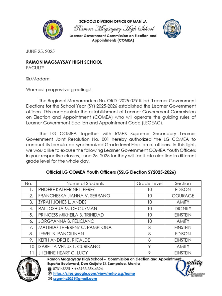 SSLG COMEA Excuse Letter Youth COMEA Elex Officer Assembly Elections 1 | PDF | Virtue