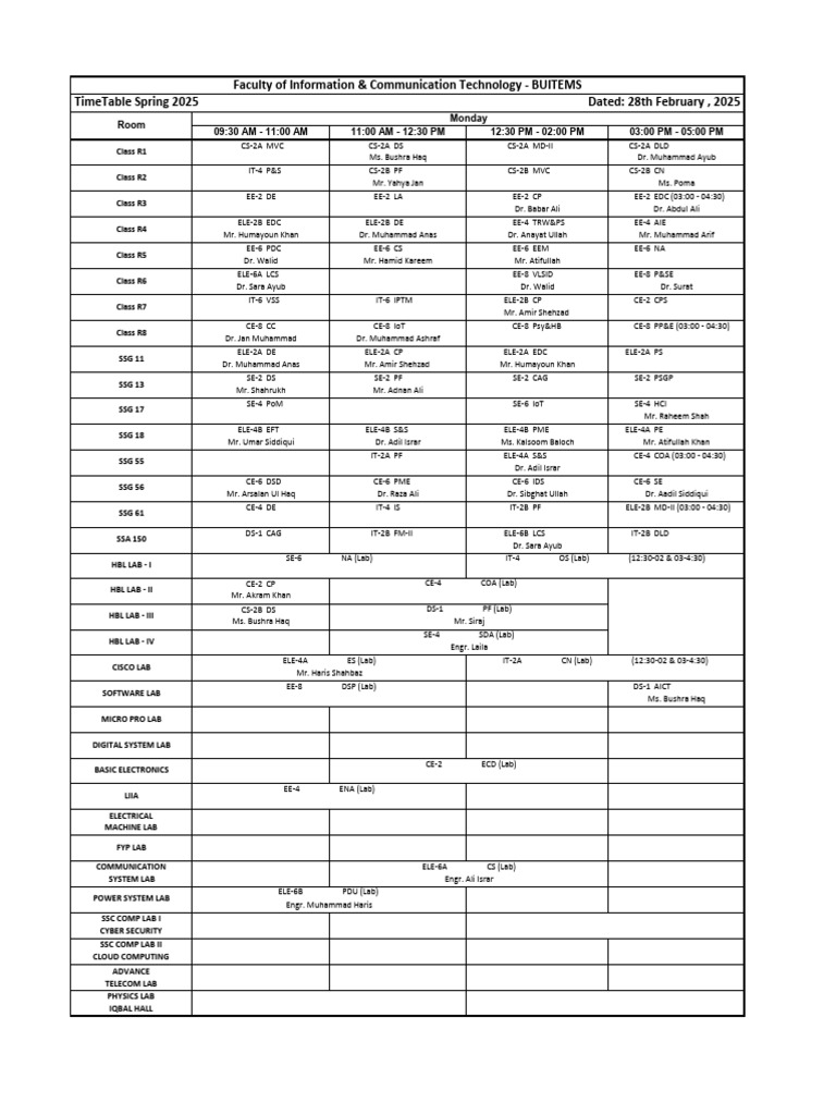 FICT-Time Table, Spring - 2025 | PDF | Computing