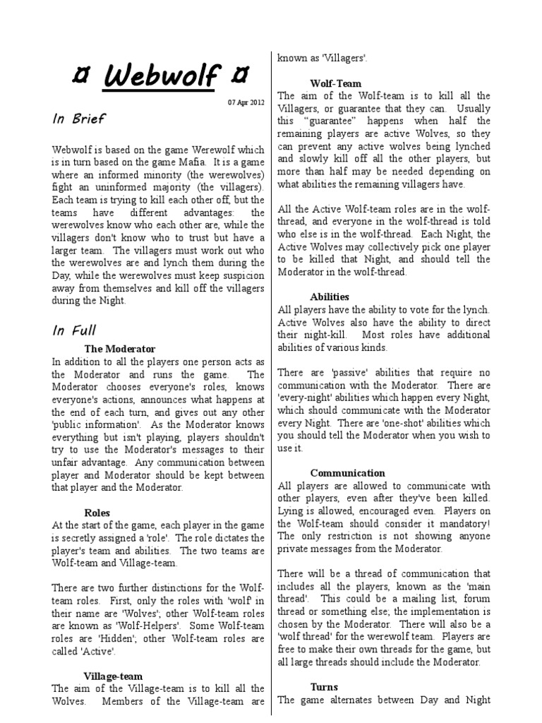 Werewolf Rules | Internet Forum | Werewolves