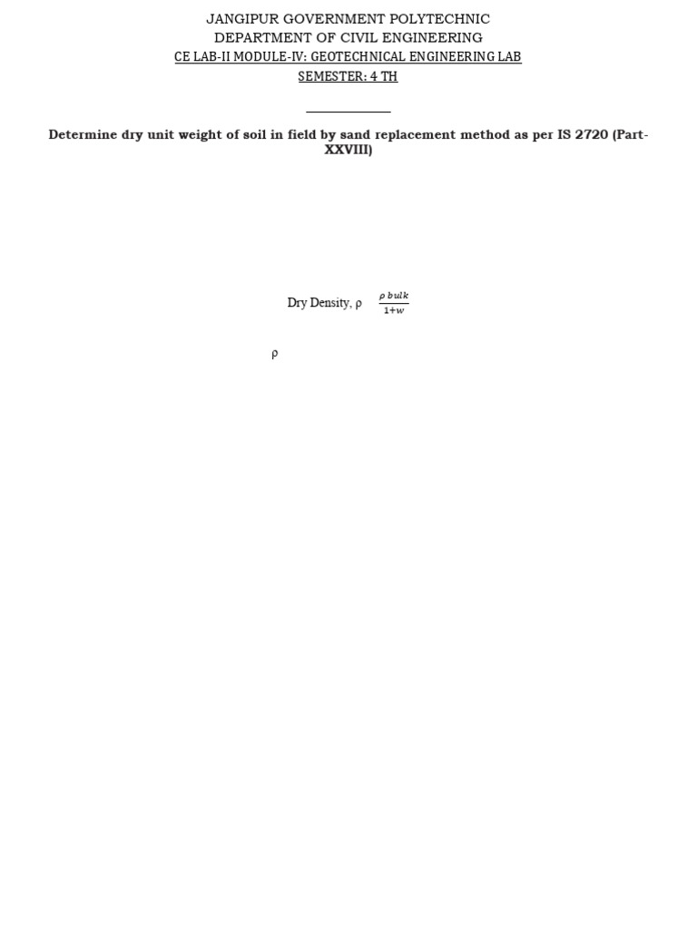 Determination of Density by Sand Replacement Method | PDF | Density ...