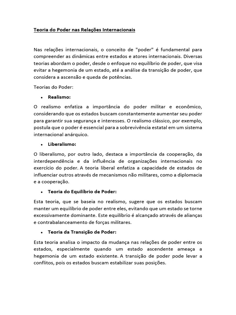 Teorias do Poder nas Relações Internacionais | PDF | Poder (social e ...