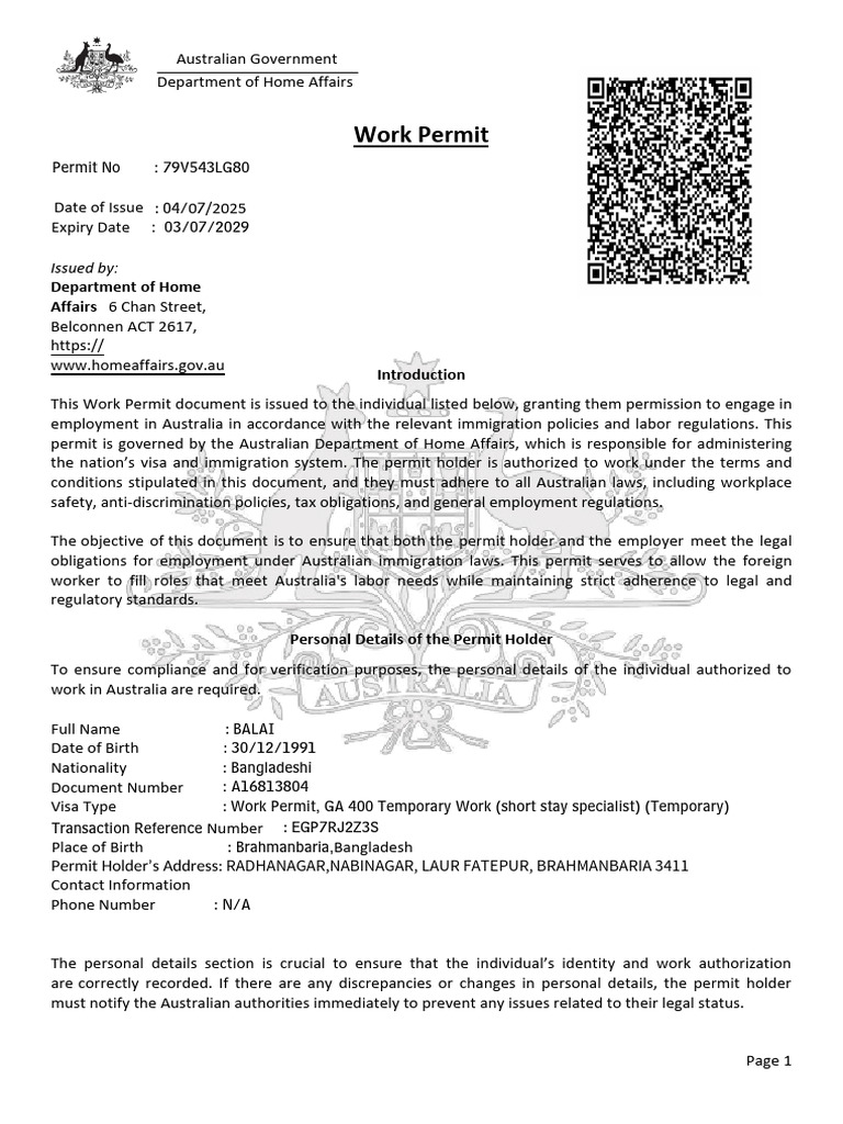 Australia Work Permit - BALAI #A16813804 | PDF | Employment | Salary