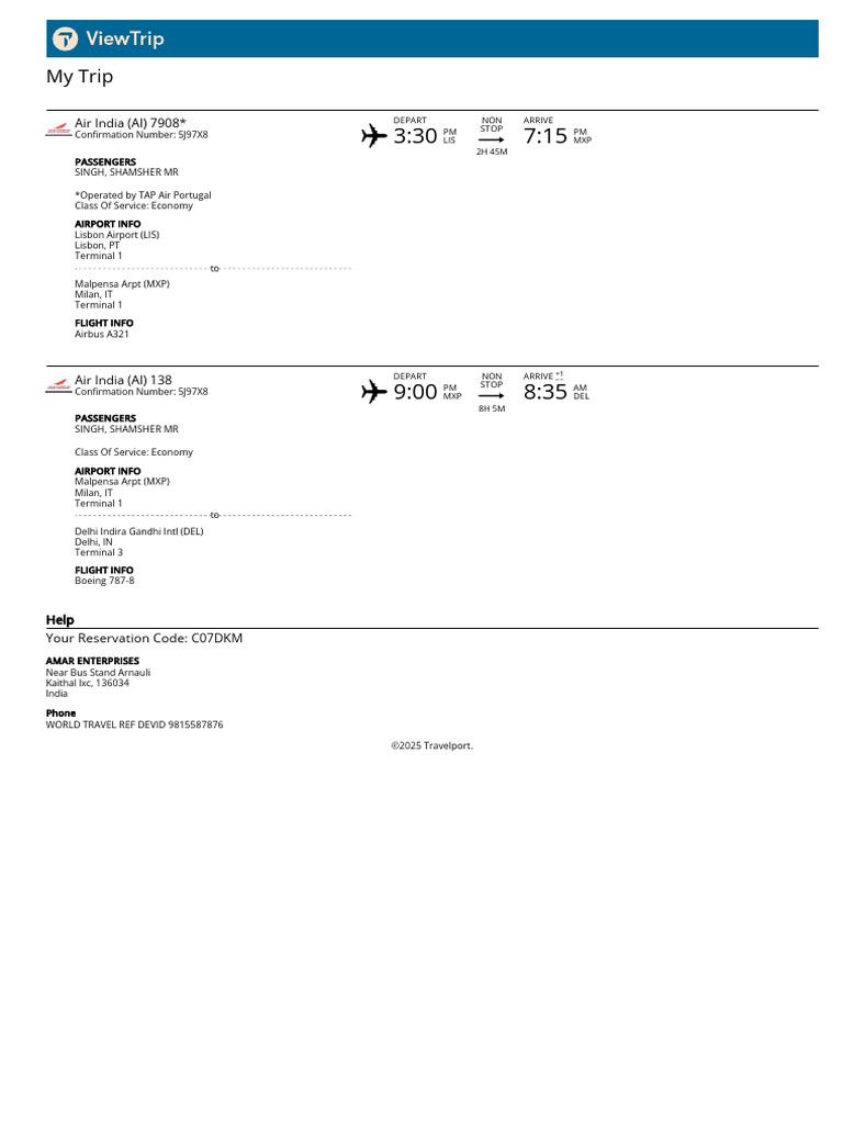 Flight Itinerary: LIS to MXP to DEL | PDF