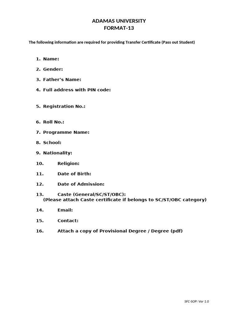FORMAT-13-Transfer Certificate (Pass Out Student) | PDF