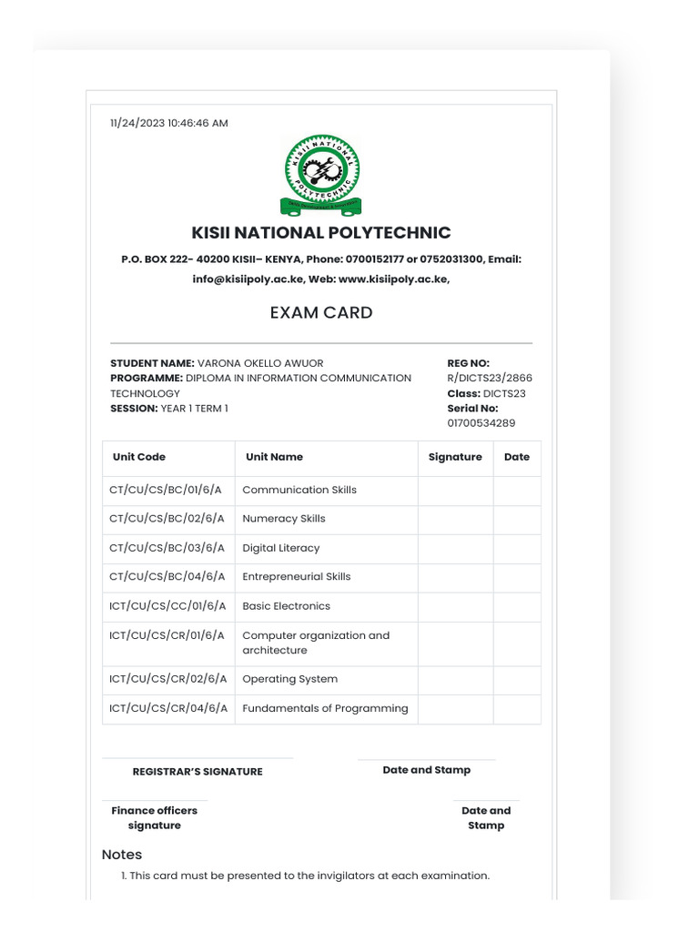 Kisii Polytechnic Exam Card Details | PDF