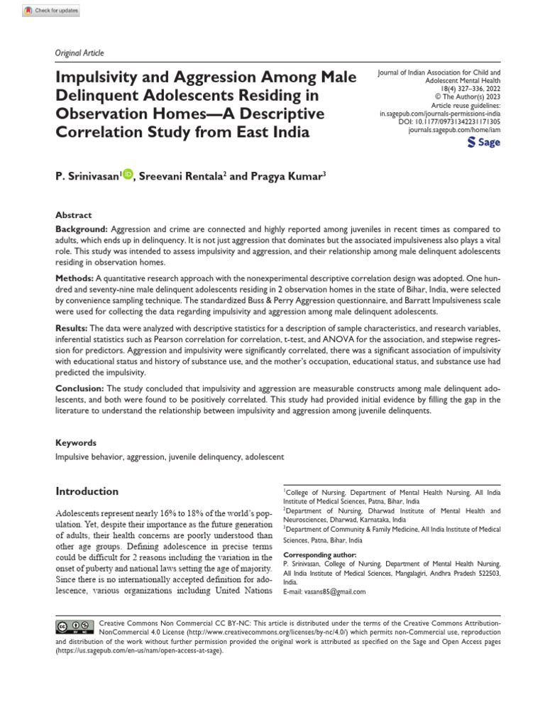 Impulsivity and Aggression Among Male Delinquent Adolescents Residing ...