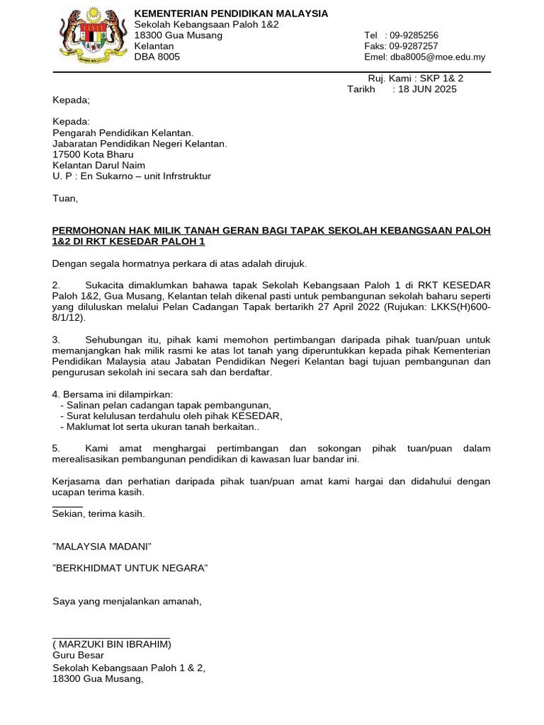 Surat Mohon Geran Tanah JPN | PDF