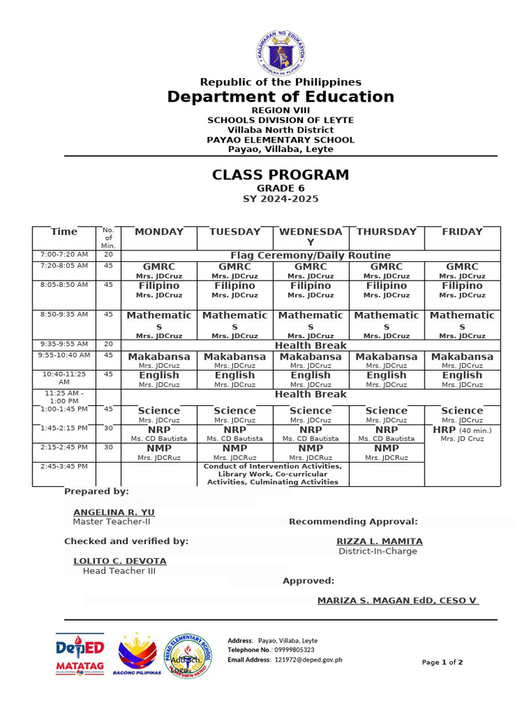 Class Program Template Unified For QMS | PDF | Philippines