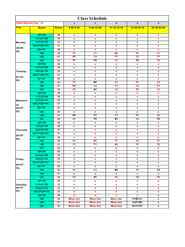 Class Schedule and Reporting Times | PDF