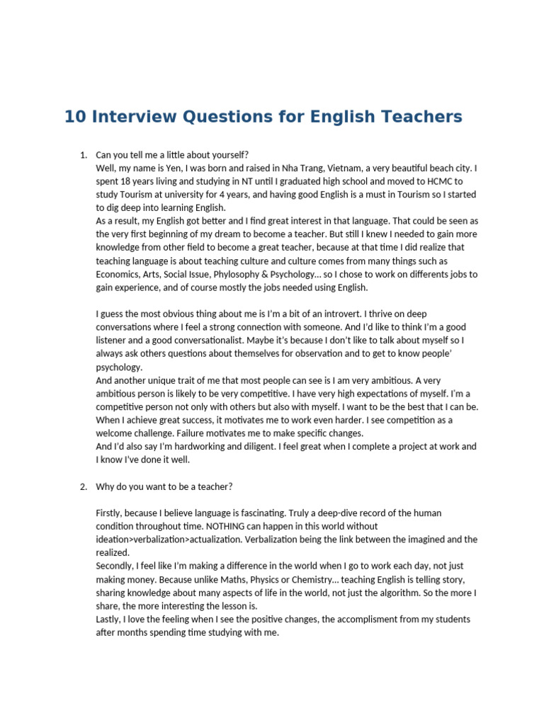Essential Interview Questions for English Teachers | PDF | Psychology ...