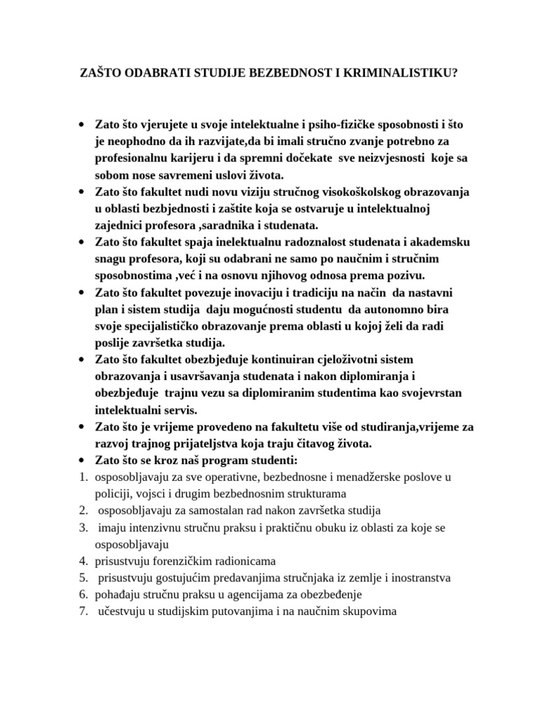 Zašto Odabrati Studije Bezbednost I Kriminalistiku | PDF