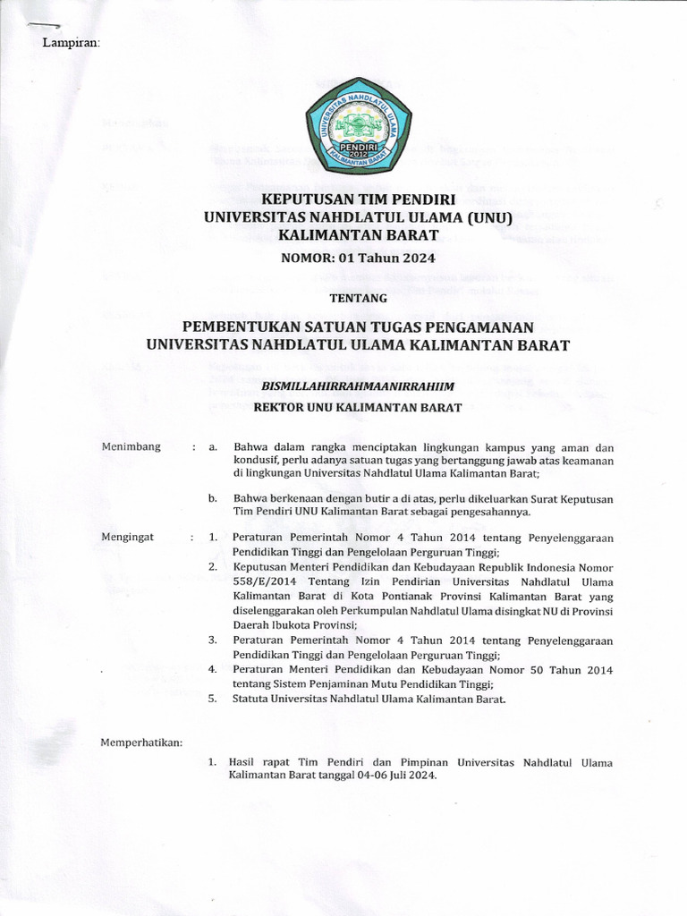 SK Pembentukan Satgas Pengamanan Unu Kalbar 2024 | PDF