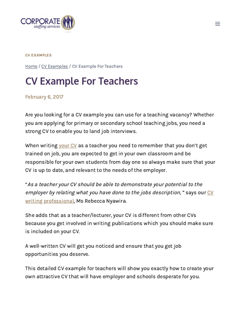 CV Example For Teachers - Corporate Staffing Services | PDF | Teachers ...