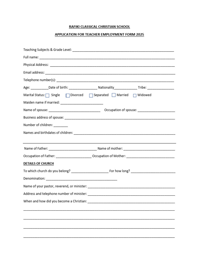 Teacher Employment Application 2025 | PDF | Minister (Christianity)