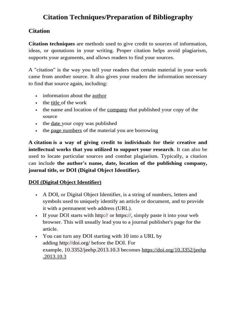 Citation Techniques Preparation of Bibliography | PDF | Digital Object Identifier | Citation