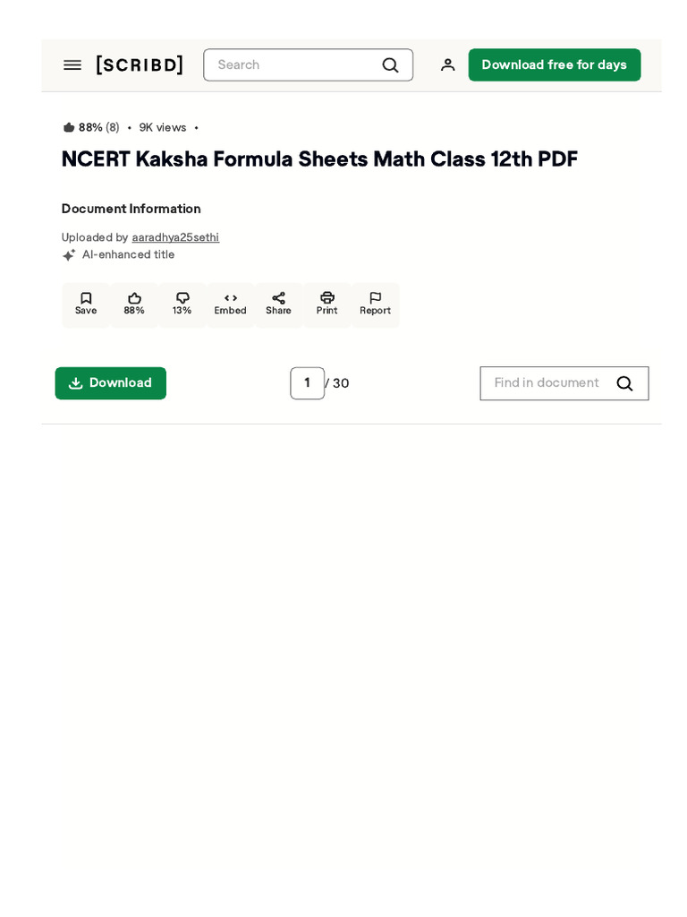 NCERT Class 12 Maths Formula Sheet PDF | PDF