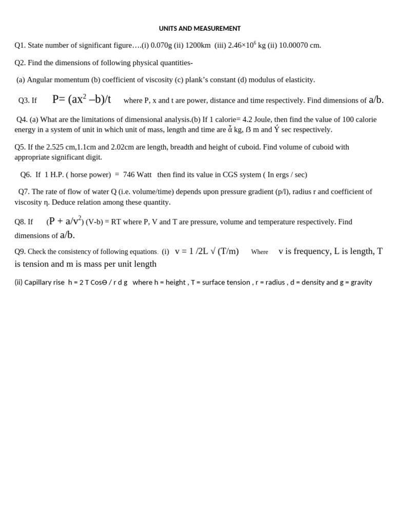 Units and Measurement Numericals | PDF