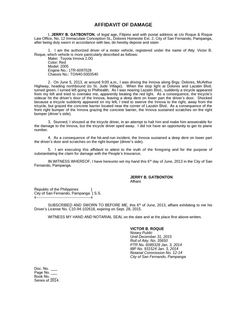 AFFIDAVIT OF DAMAGE (Template) | PDF | Affidavit | Vehicles