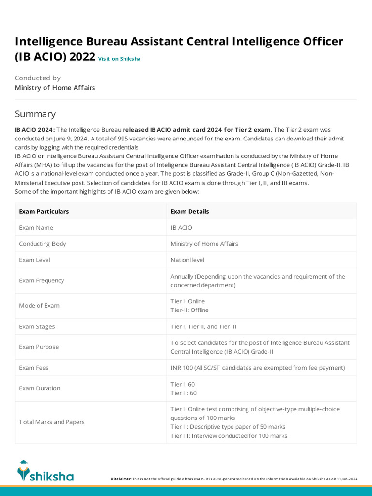 Intelligence Bureau Assistant Central Intelligence Officer | PDF ...