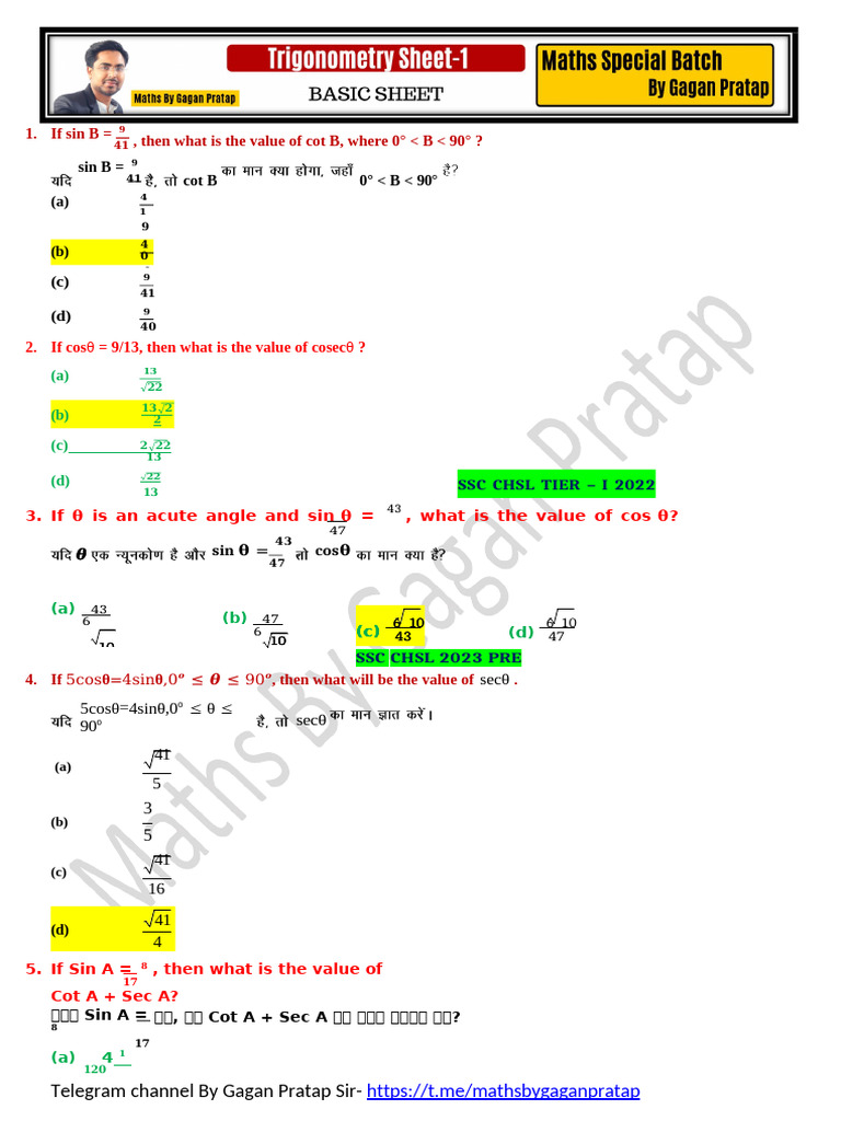 Trigonometry Sheet-1 353365 Crwill | PDF | Trigonometry