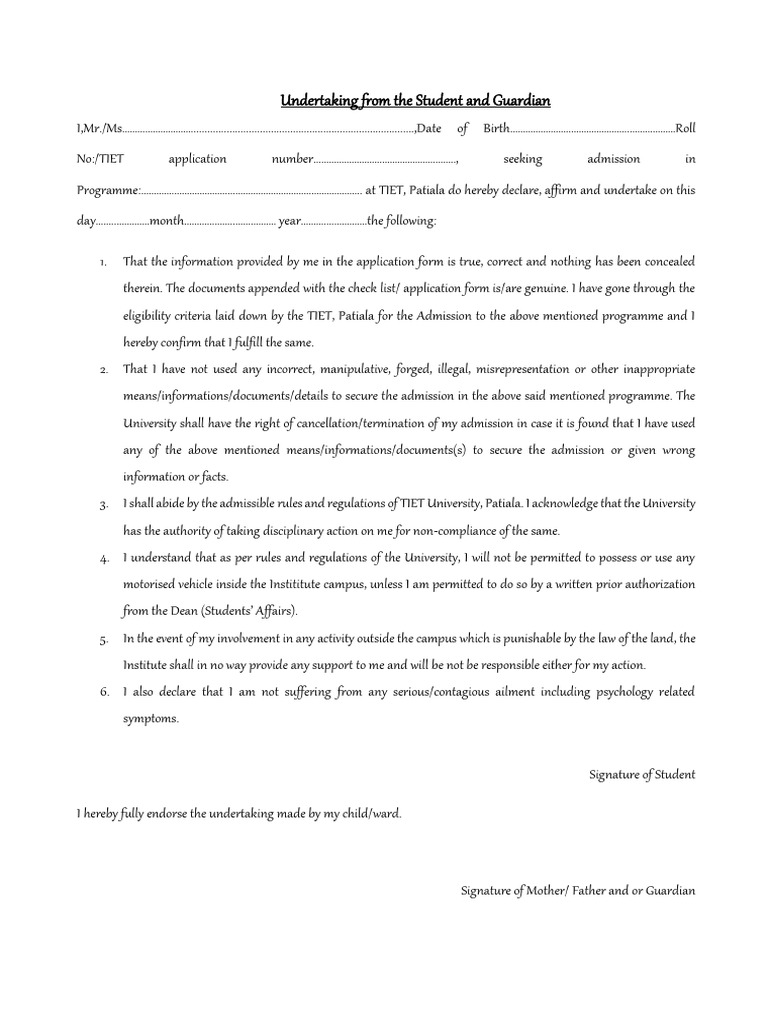 Undertaking From Students and Guardian | PDF | Justice | Crime & Violence