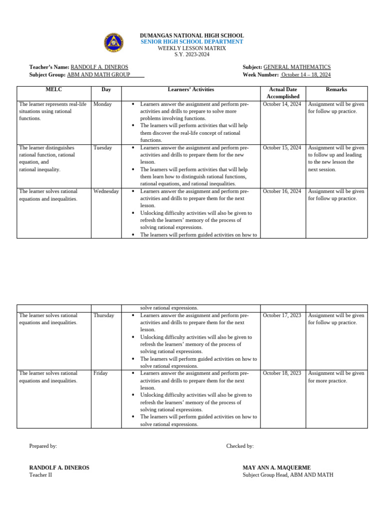 DINEROS - RA-GenMath WEEKLY-LESSON-MATRIX 10-14-18, 2024 | PDF ...