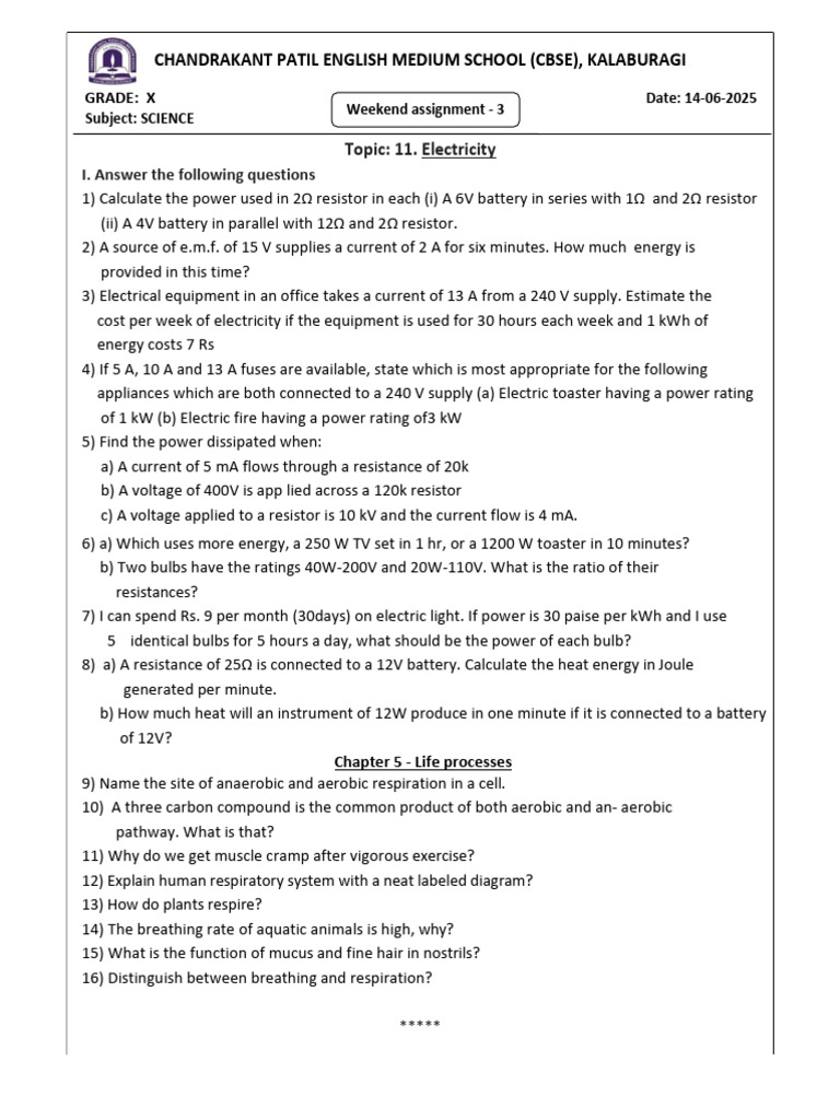 X Science Weekend Assignment-3 14.06.2025 | PDF | Resistor | Electricity