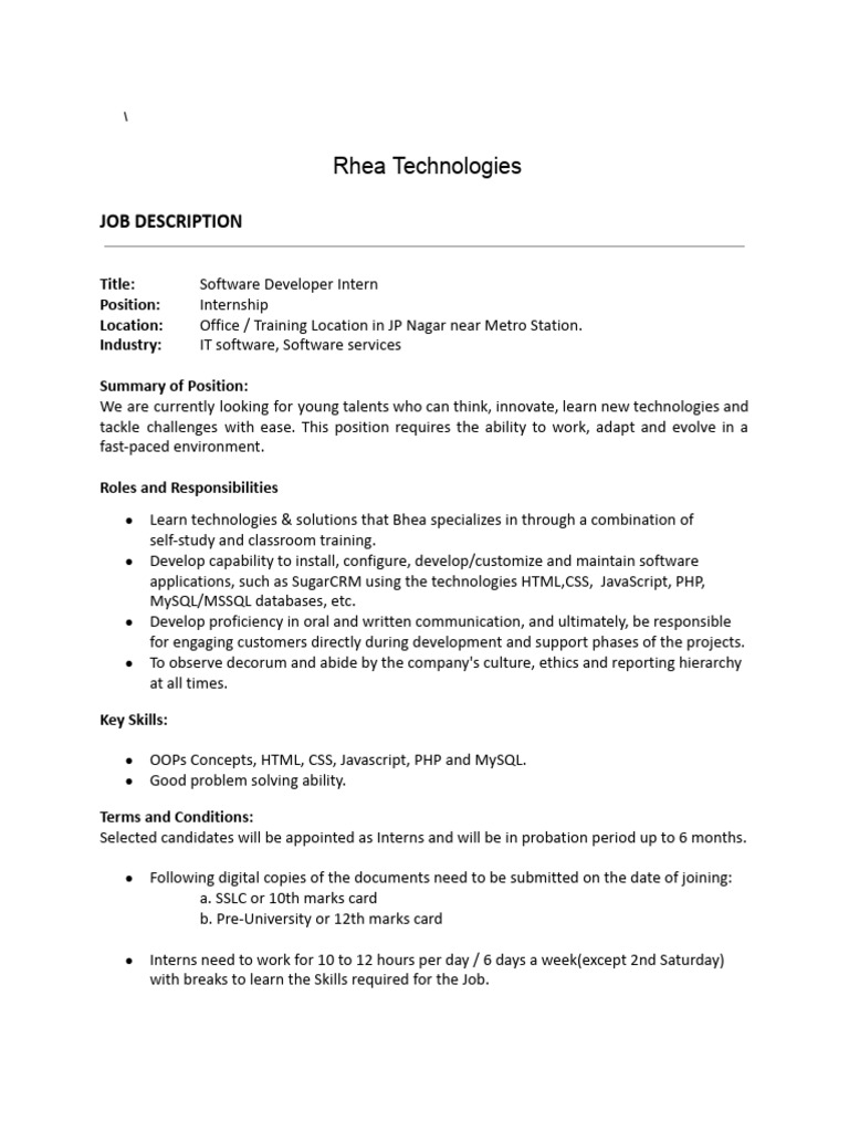 Software Developer Intern at Rhea Technologies | PDF | Customer ...