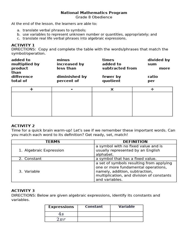 Translating Verbal Expressions To Mathematical Symbols | PDF